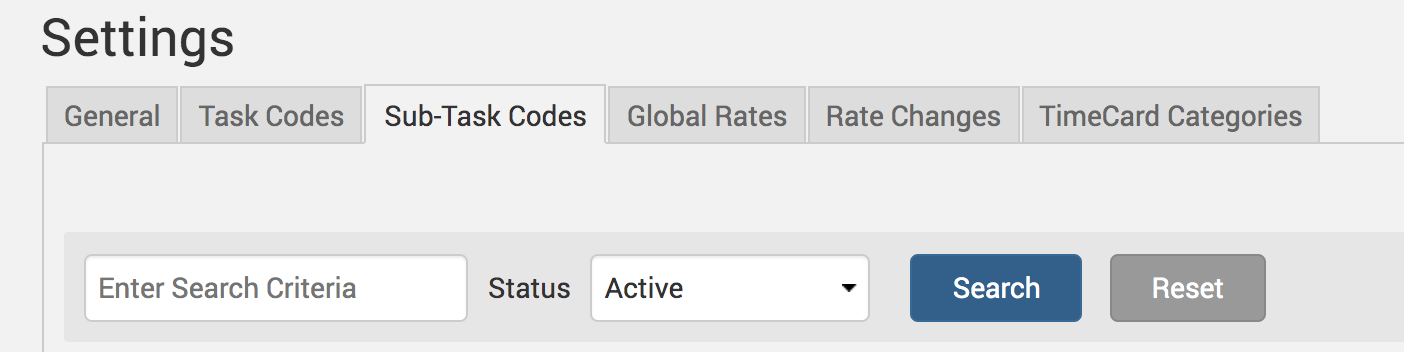 Search for Task Codes, Sub-Task Codes, and Expense Codes
